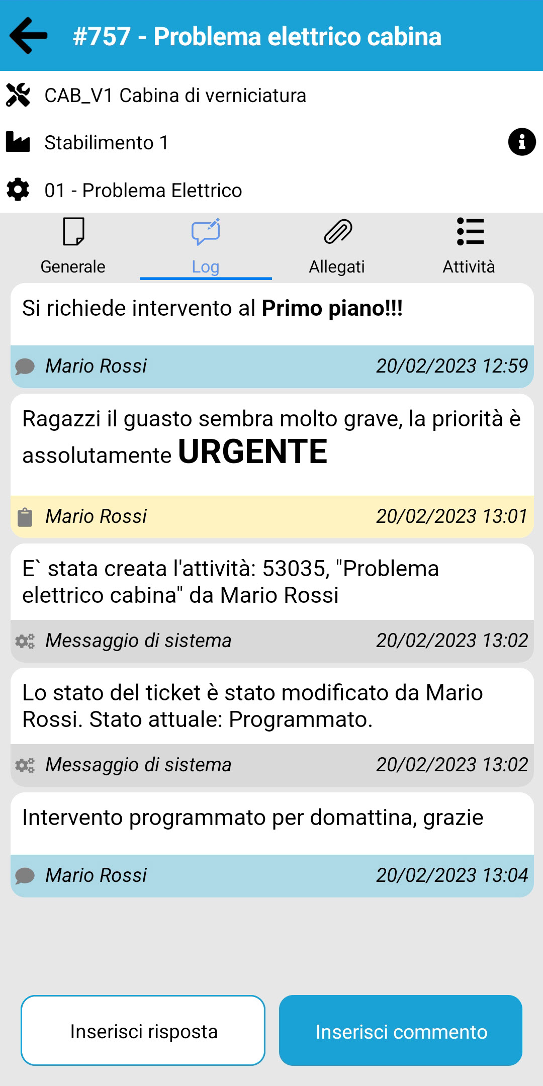 Schedulazioni con sotto attività e log sui ticket per App