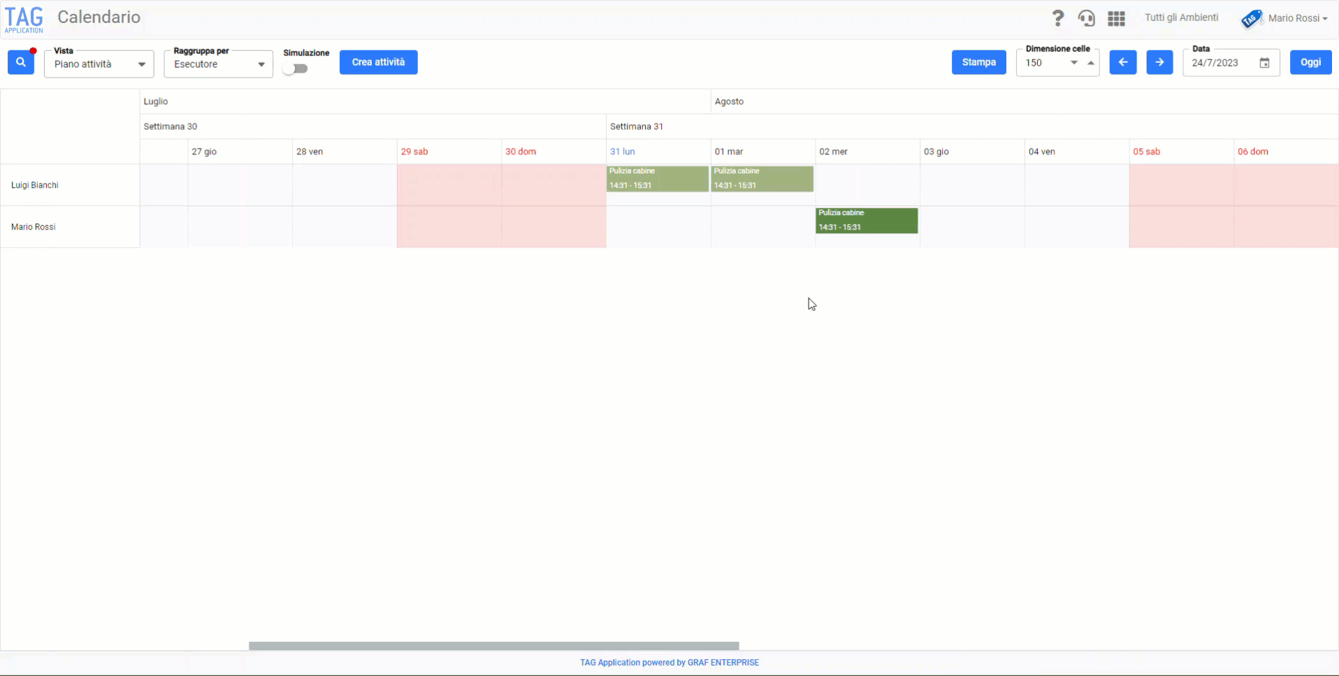 Calendario, piano attività – Raggruppamento per ambiente