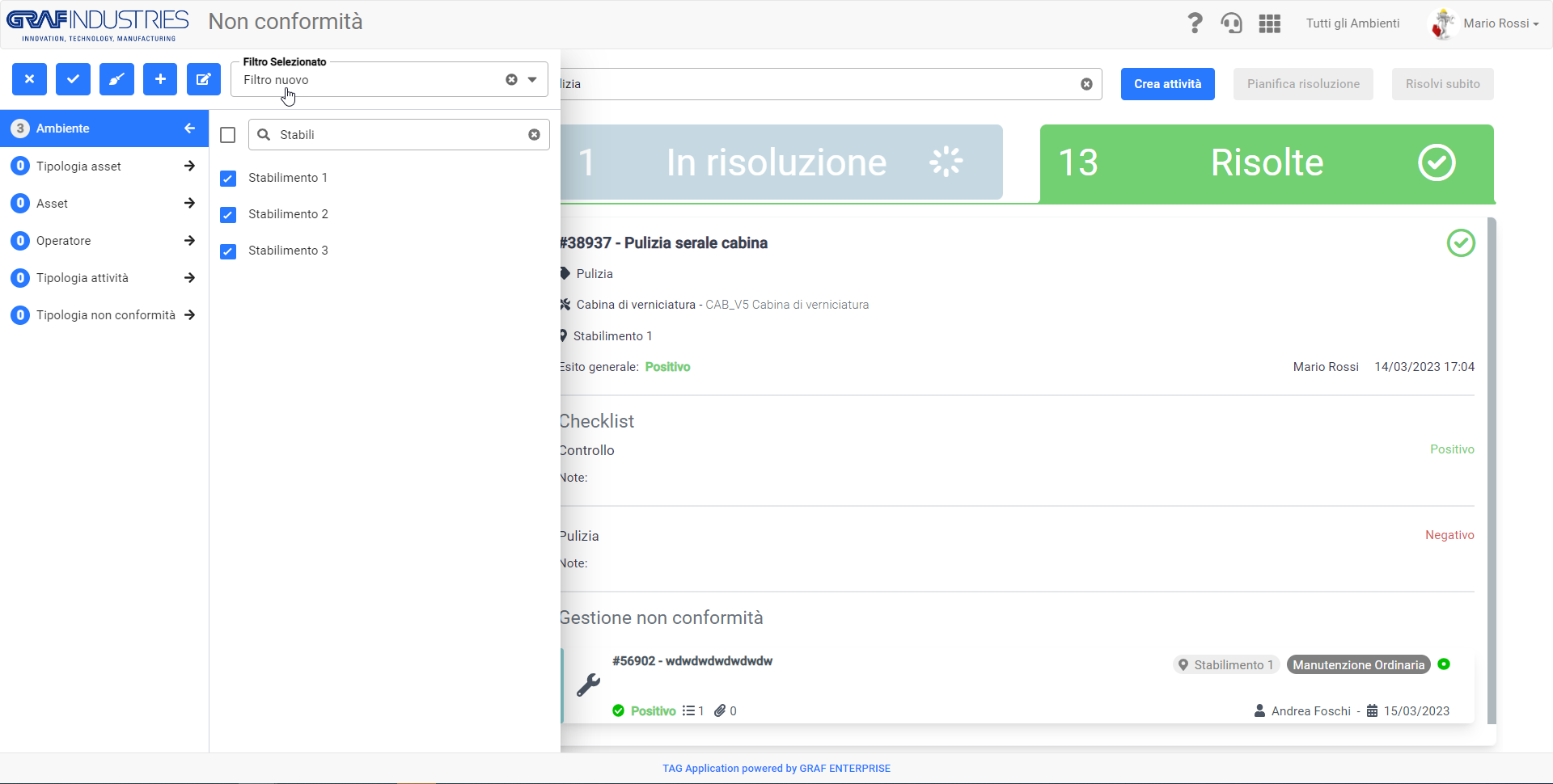 Non conformità, salvataggio filtri